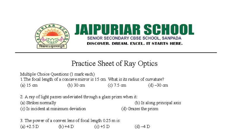 Practice Sheet for Class 12 Physics: Ray Optics MCQs & Concepts - Studocu