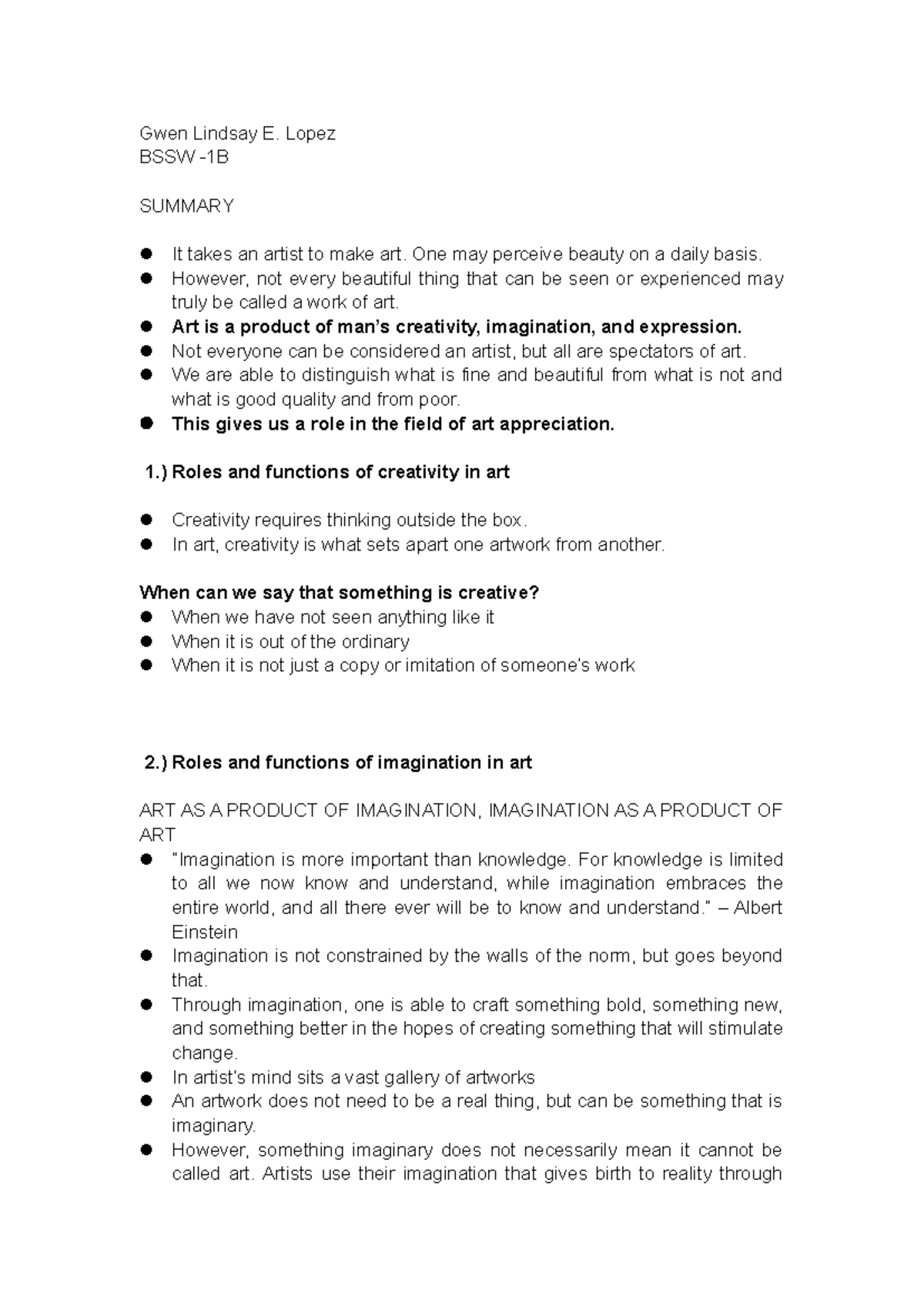 BSSW Art Appreciation Summary: Creativity, Imagination & Expression - Studocu