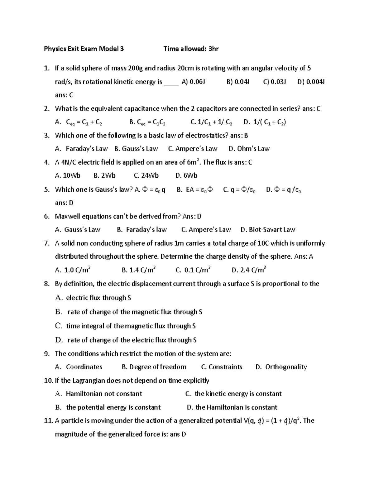 CM Classical Mechanics MCQ Exit Exam Model Set - 1 - Studocu