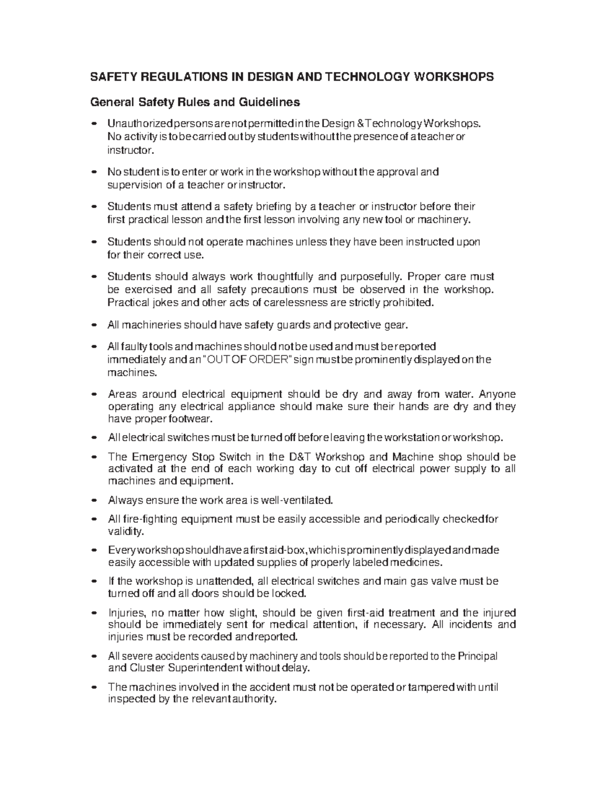 Safety Regulations in D&T Workshop: General Guidelines and Rules - Studocu