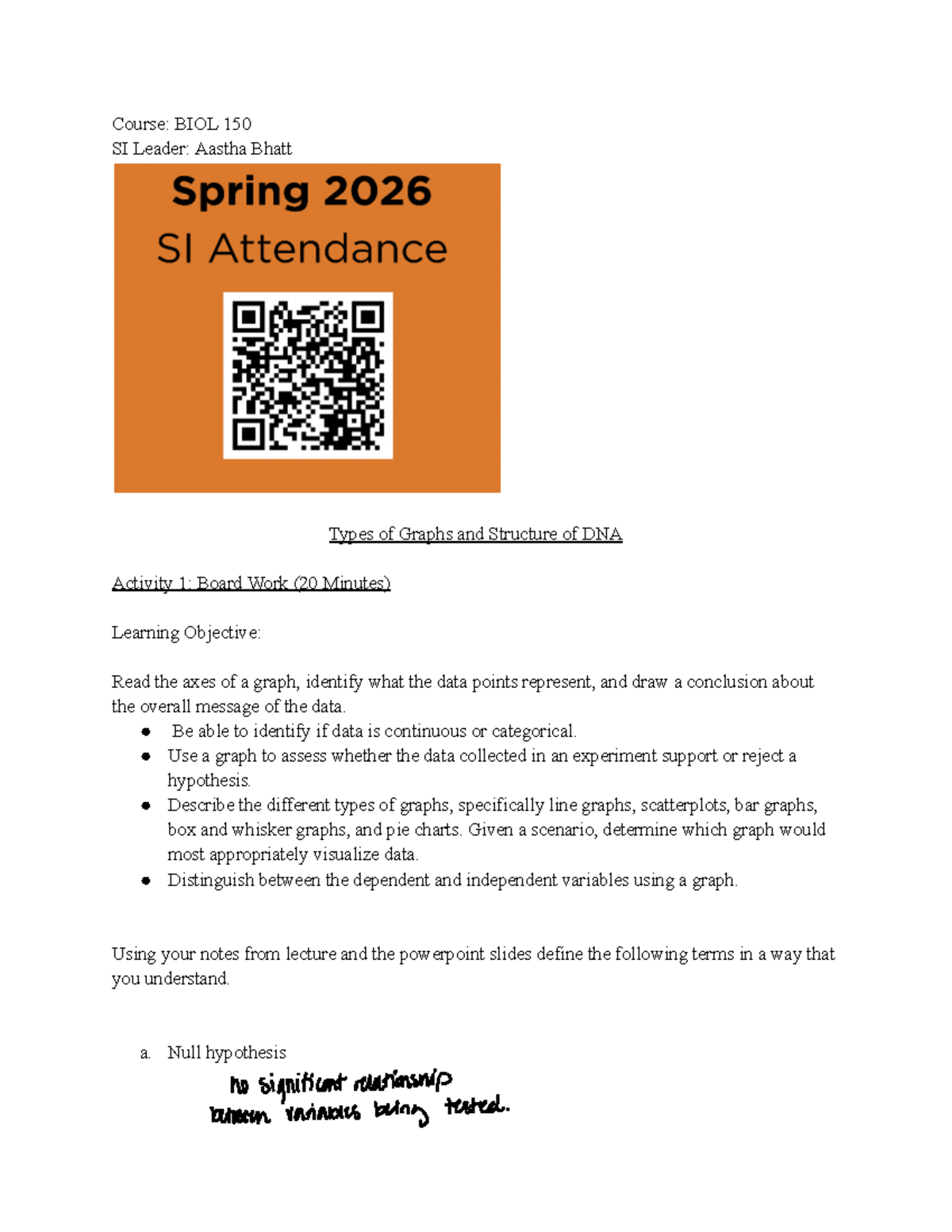 BIOL 150 SI Session Notes: Graphs & DNA Structure Activities - Studocu