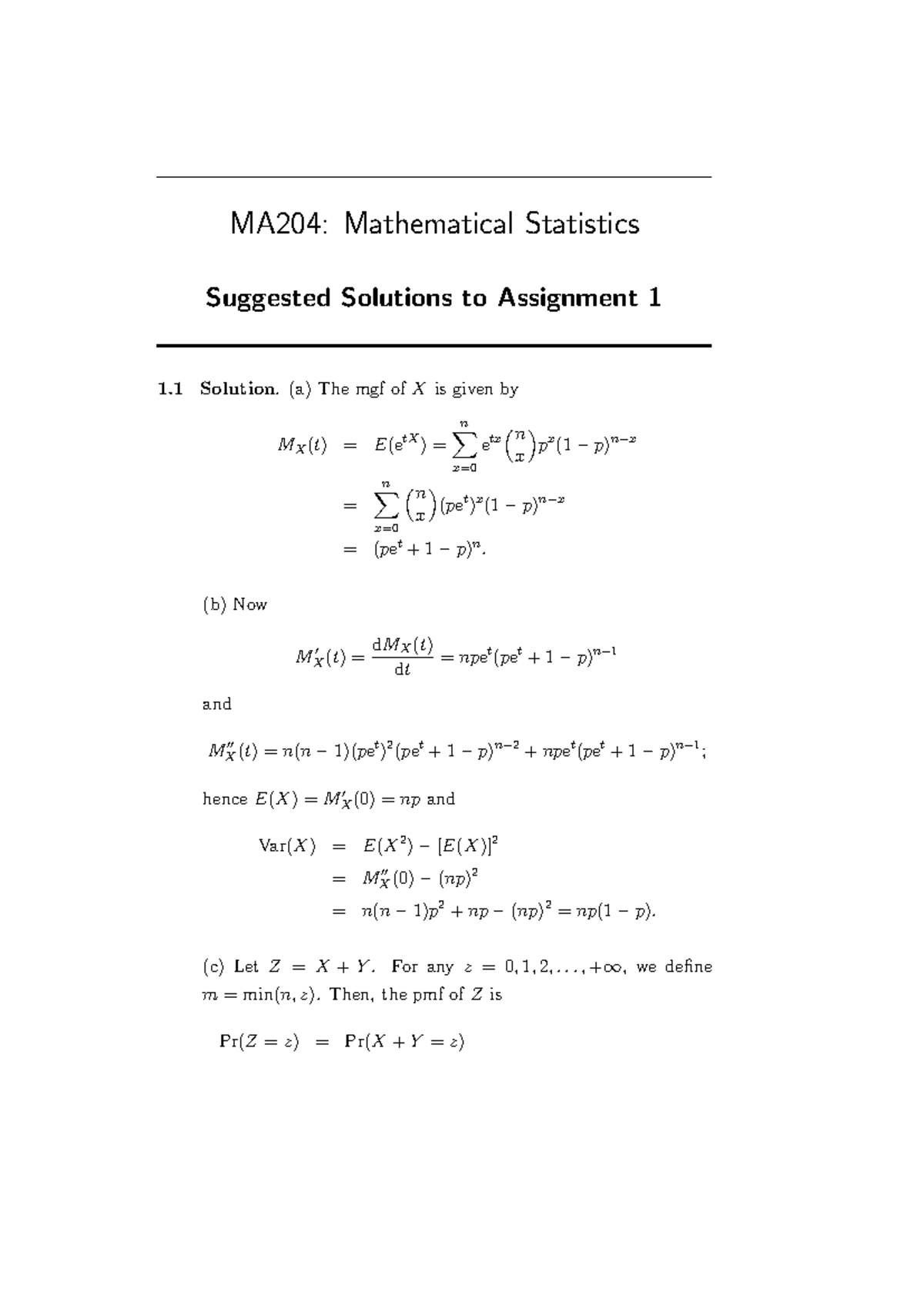 Suggested Solutions for MA204: Mathematical Statistics Assignment 1 - Studocu