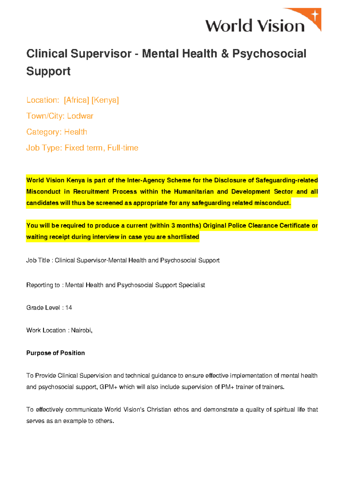 Clinical Supervisor - MHPSS Role in Kenya (Job ID: 17567) - Studocu