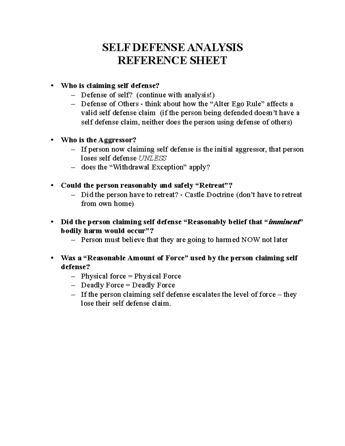 Self Defense Analysis Reference Sheet: Key Concepts Explained - Studocu