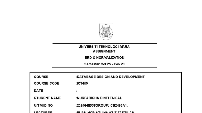 Assignment ICT450: ERD Normalization for Database Design - Studocu