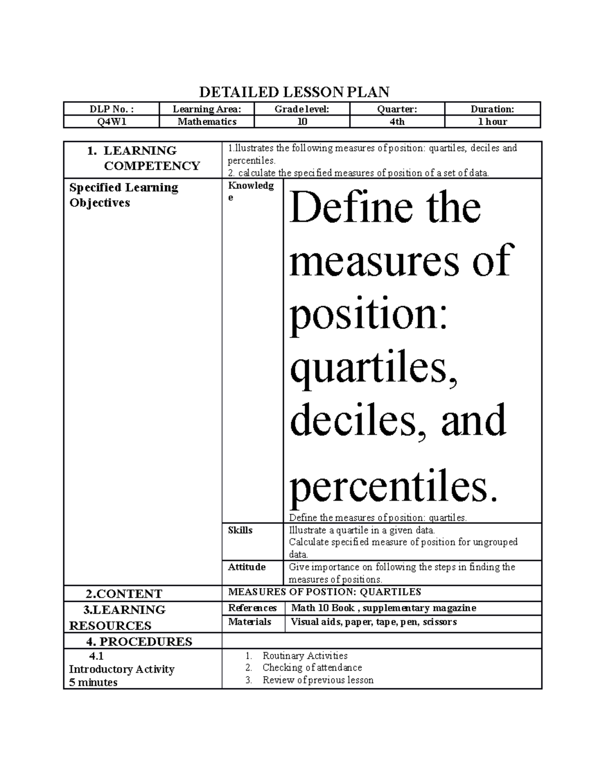 DLP Q4W1: Lesson Plan on Measures of Position in Math 10 - Studocu