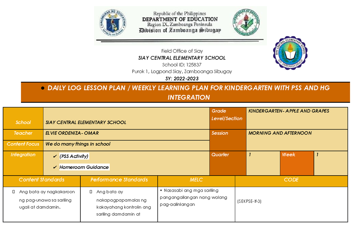 WLP-DLL Week 2 Q1 - Kindergarten Lesson Plan with PSS & HG Integration ...