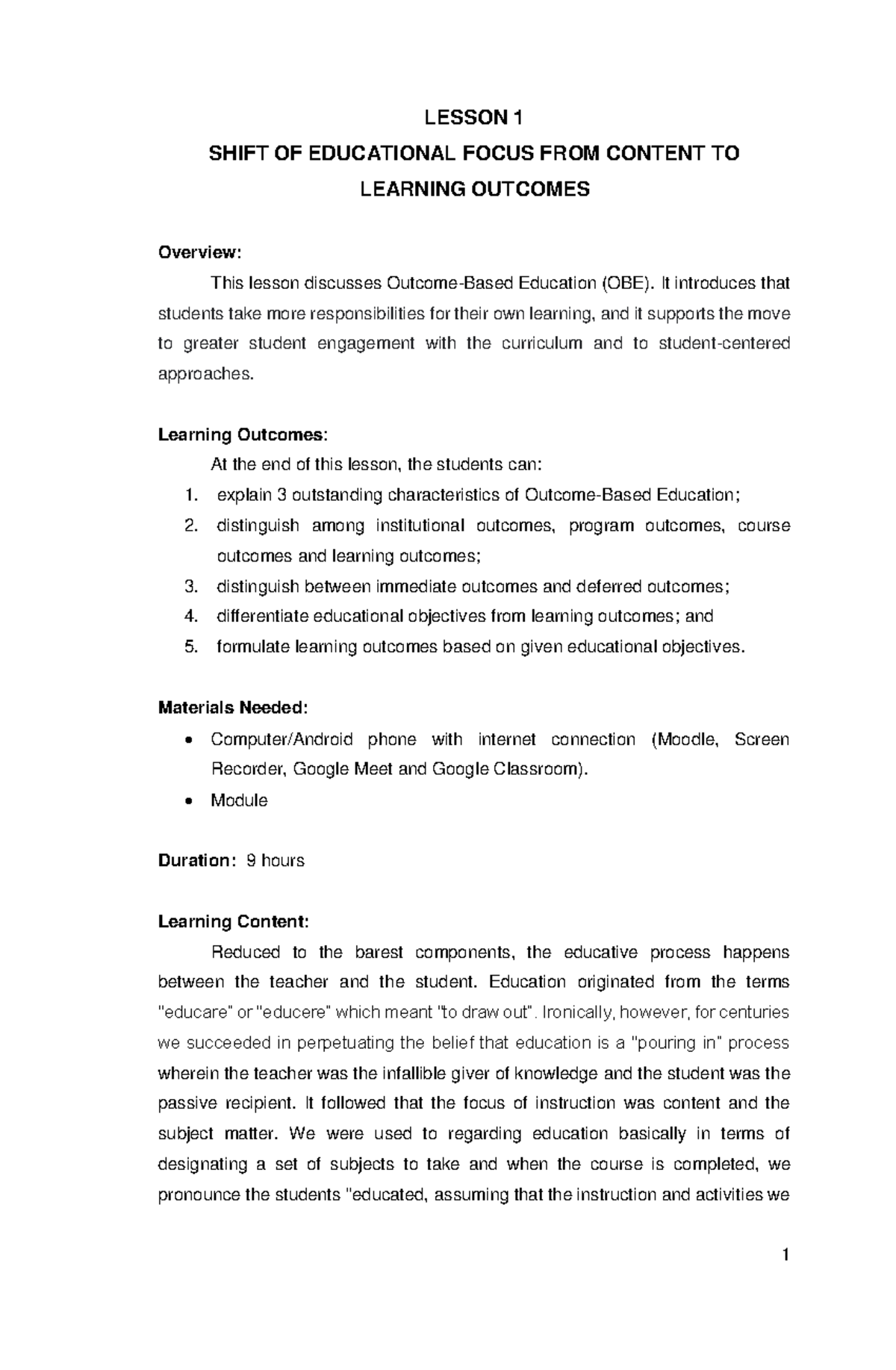 Lesson 1: Transitioning from Content to Learning Outcomes in Education ...