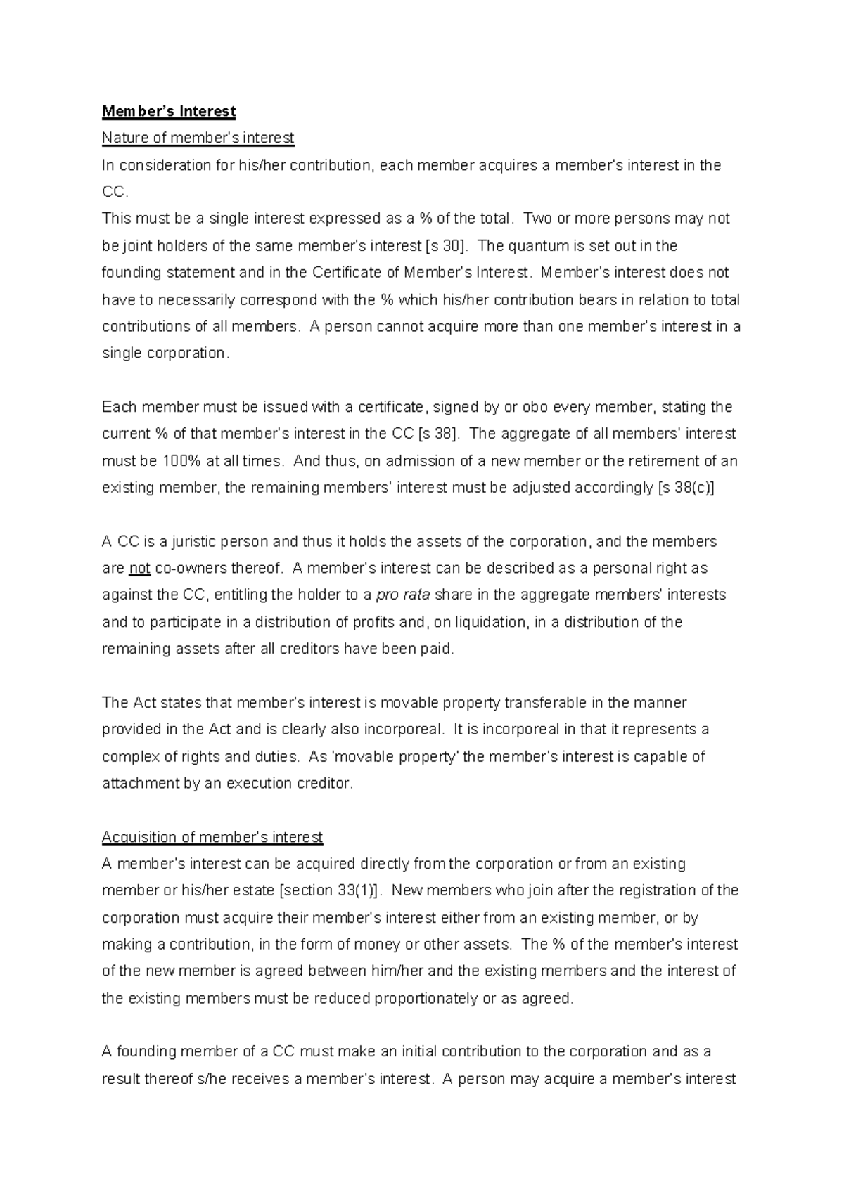 Close Corporation Management and Member's Interests Overview - Studocu