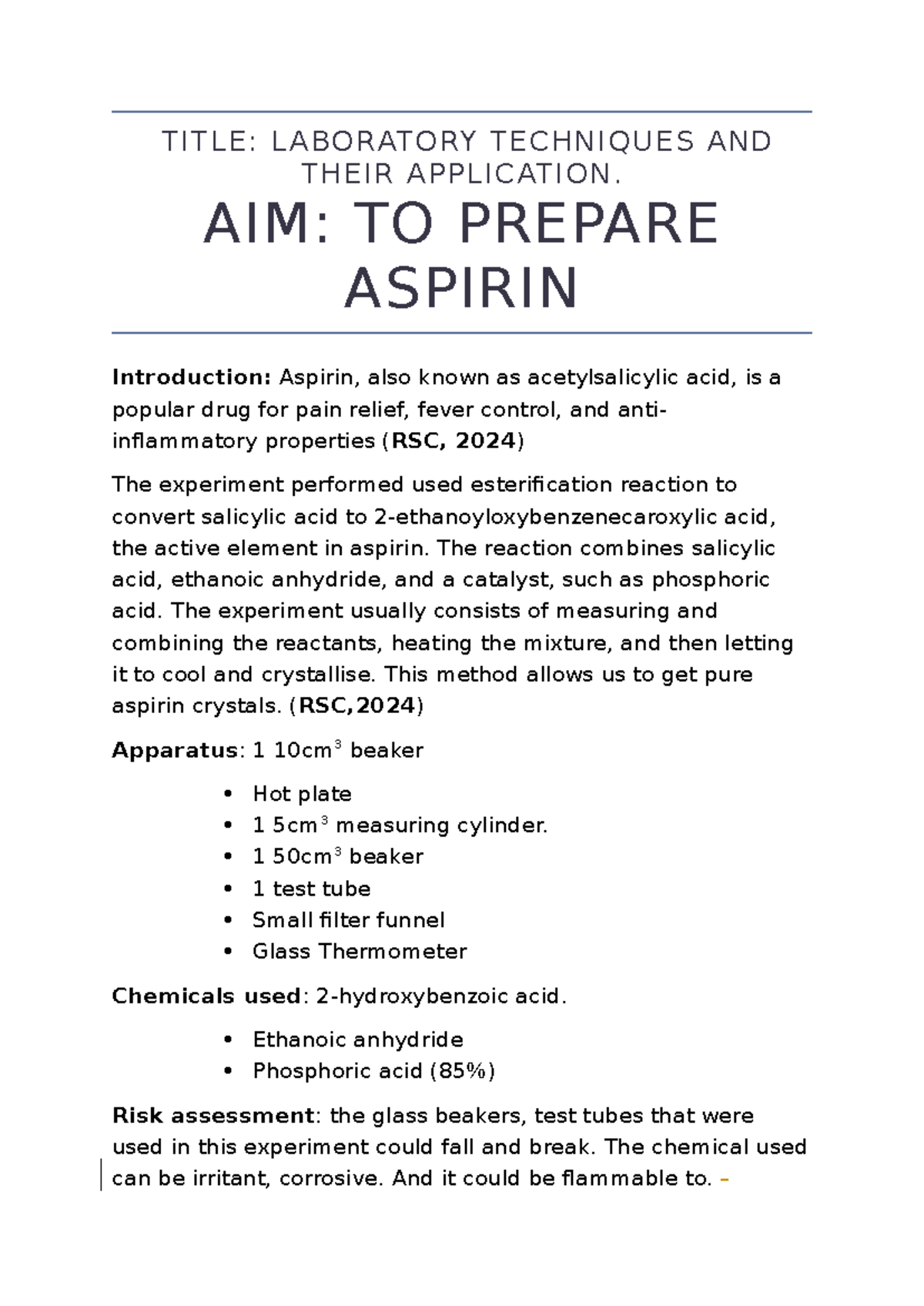 TITLE: BTEC Applied Science: Laboratory Techniques for Aspirin ...
