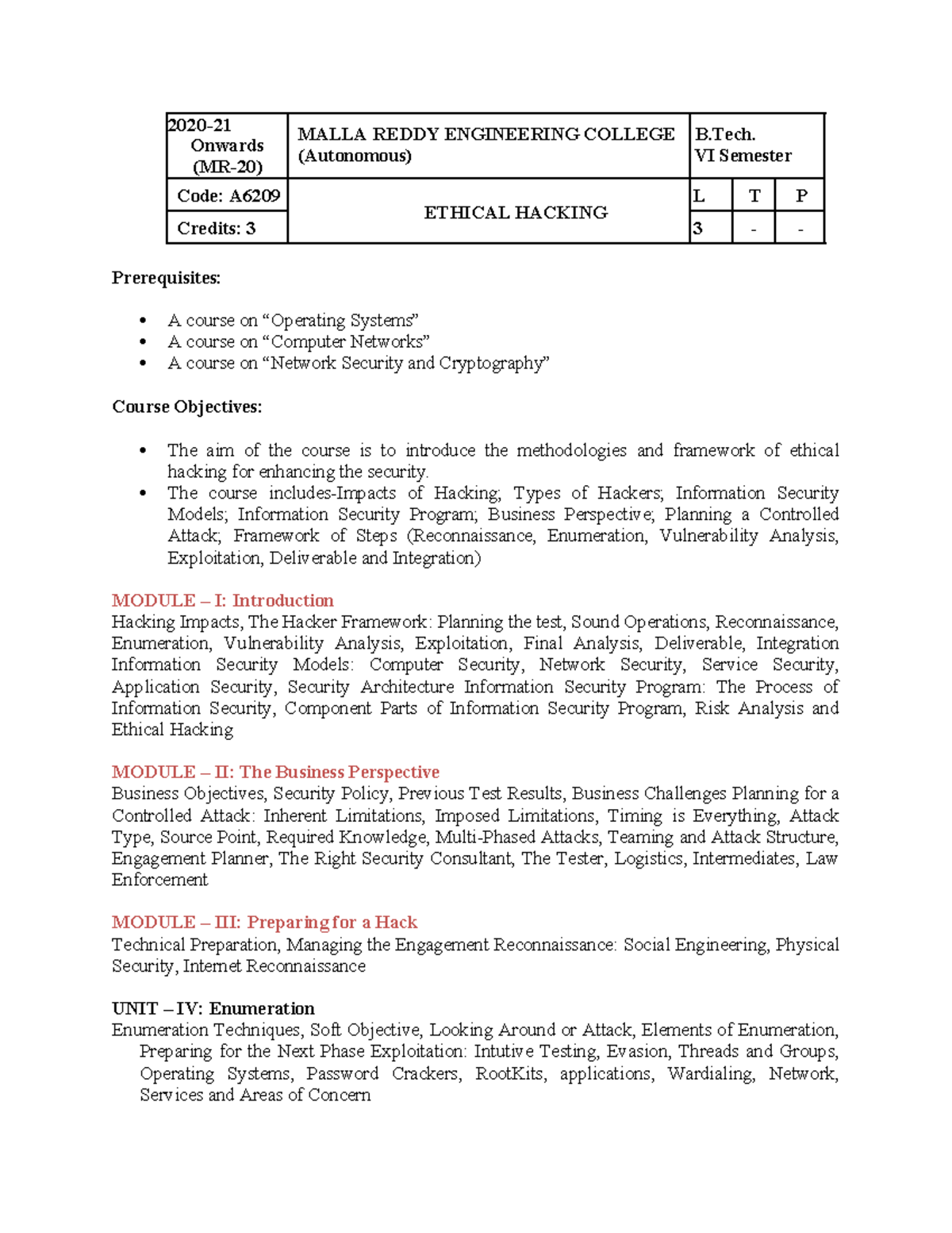 Ethical Hacking Course Notes (MR-20) - VI Semester Overview - Studocu