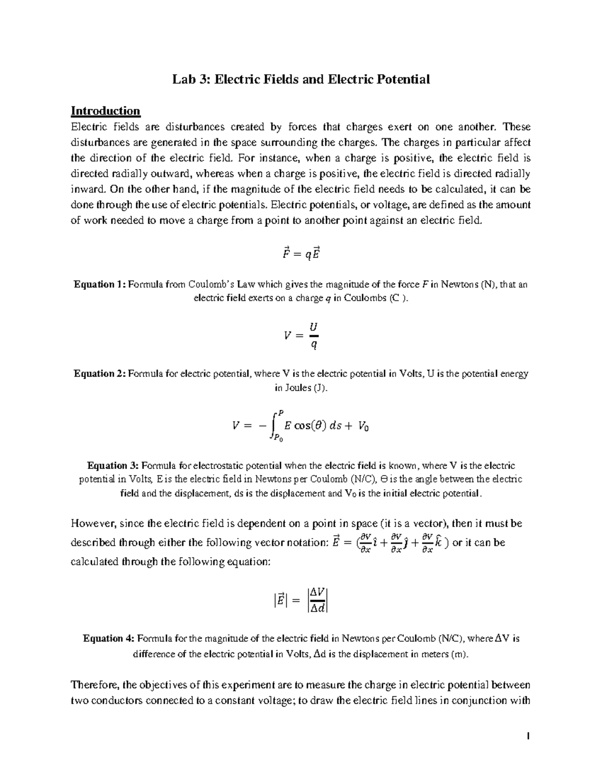 Lab 3: Analyzing Electric Fields and Potential Differences - Studocu