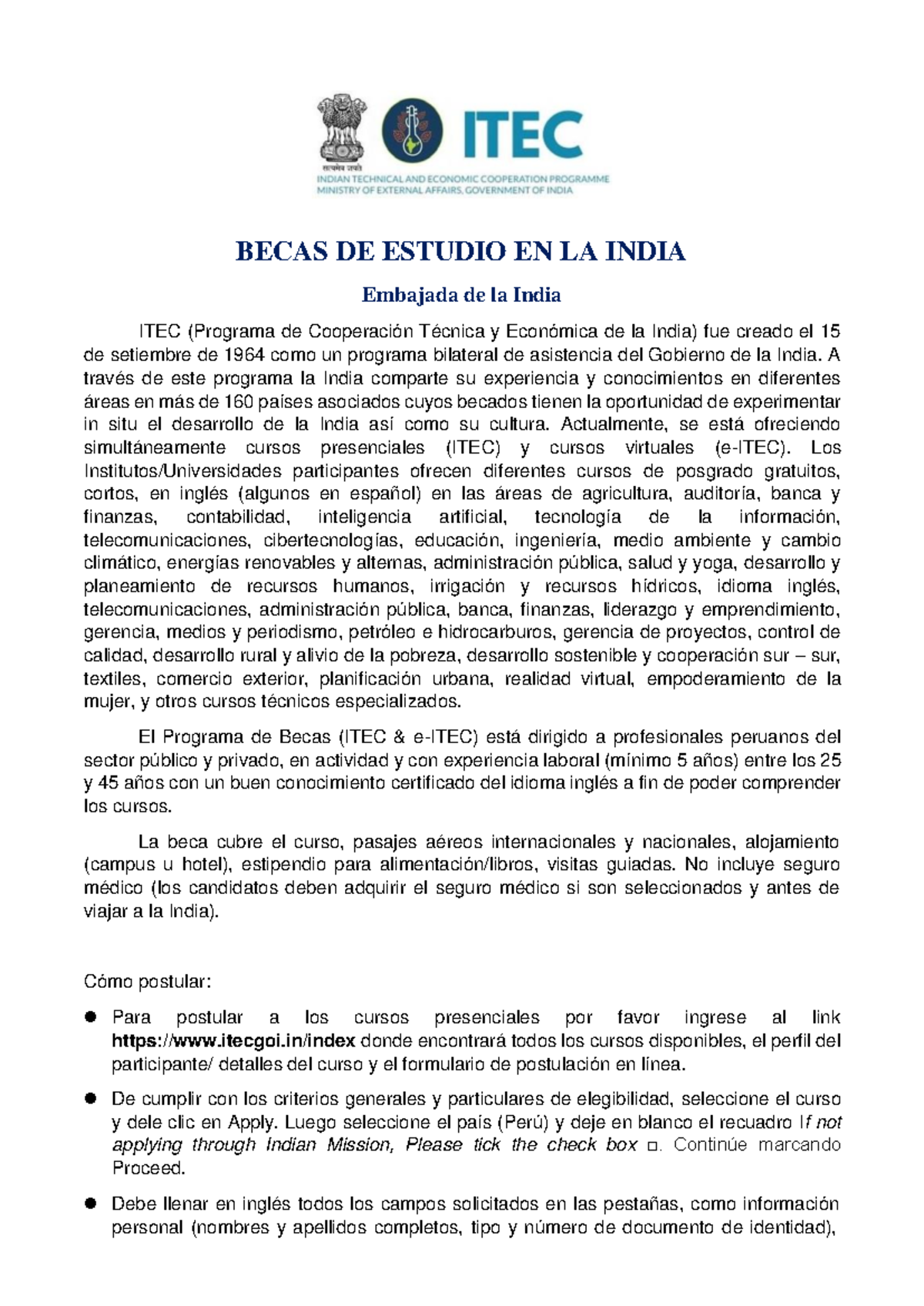 Guía Informativa sobre Becas ITEC en India para Profesionales - Studocu