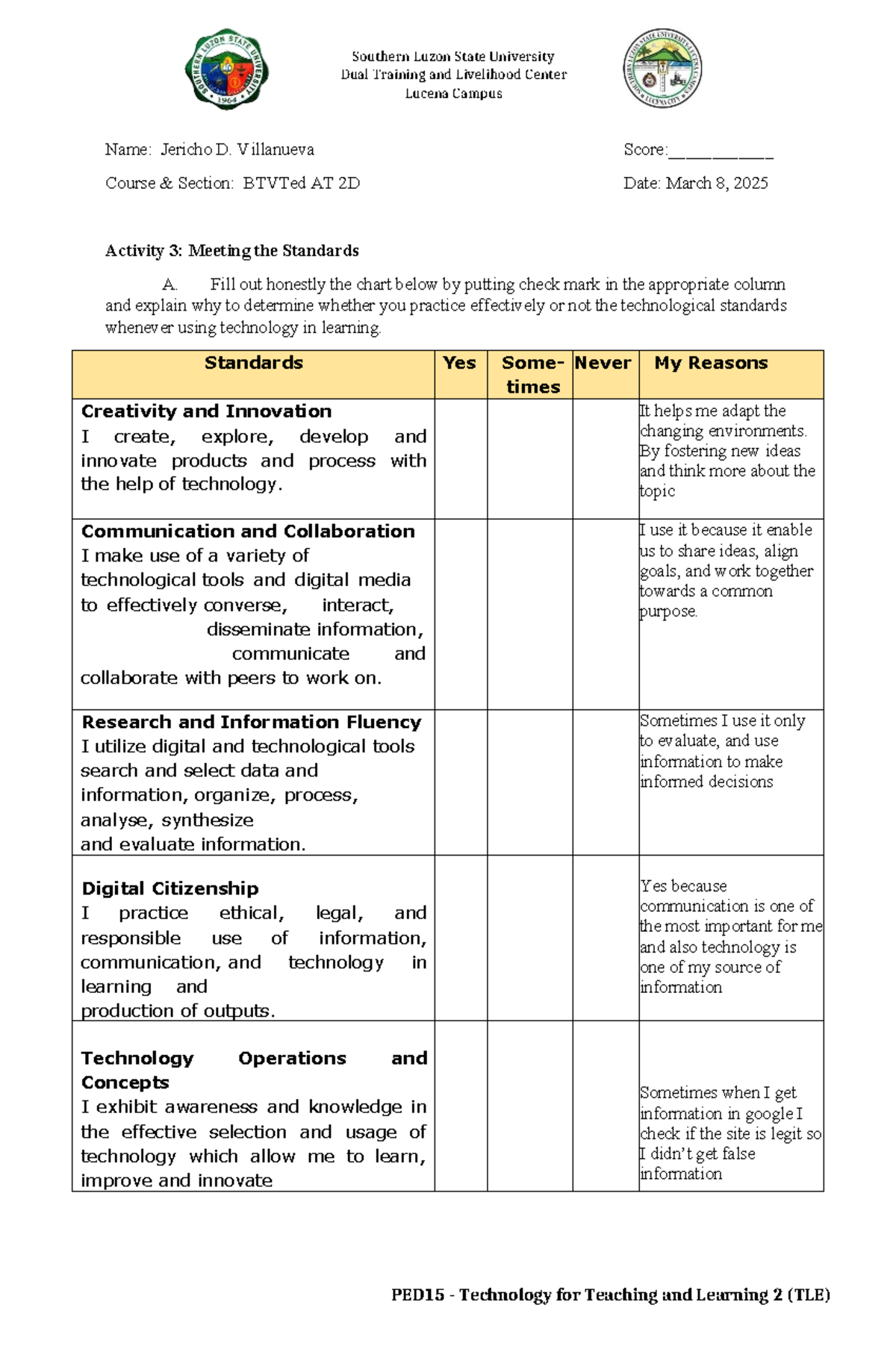 PED15 Activity 3-4: Standards in Technology for Teaching & Learning ...