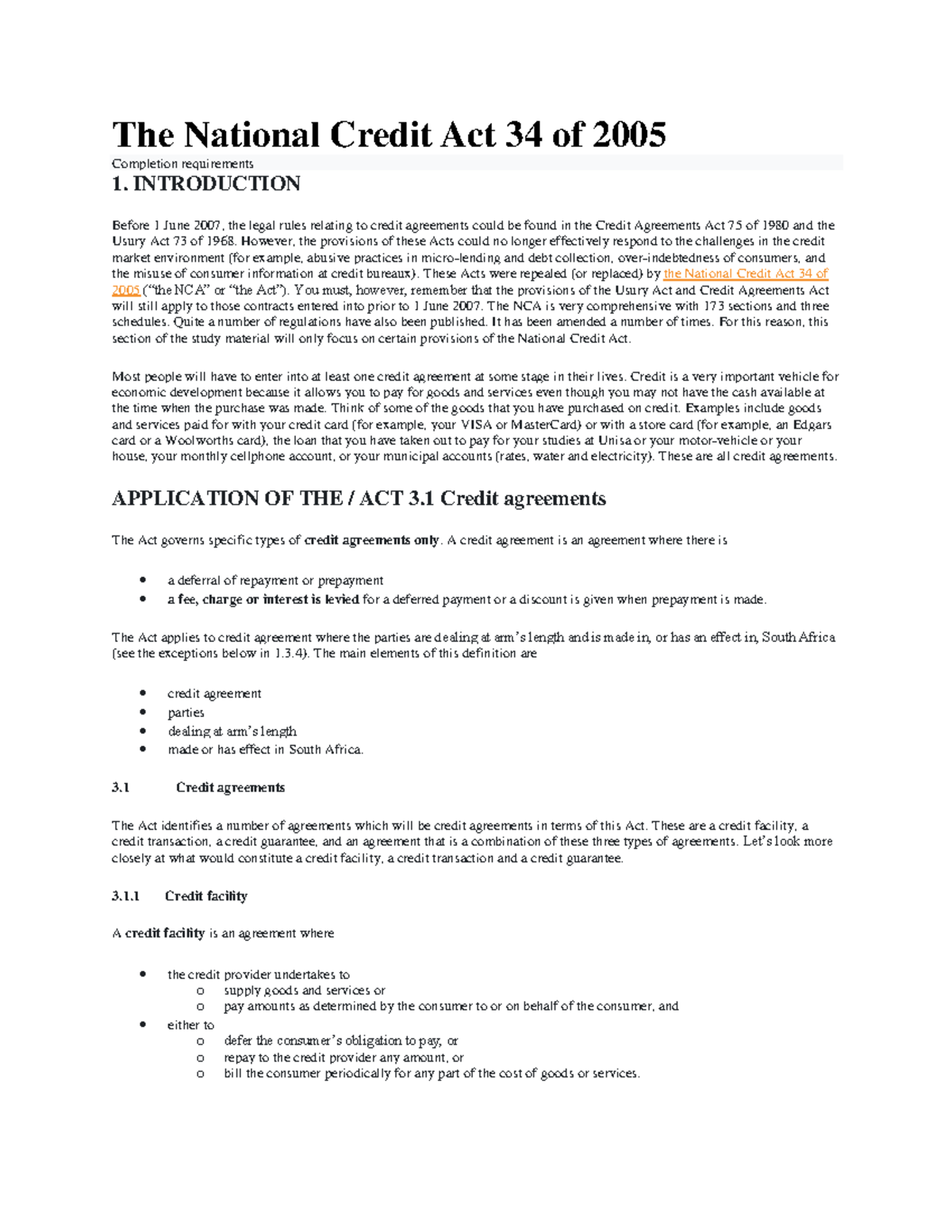 National Credit Act 34 of 2005: Key Provisions and Applications - Studocu