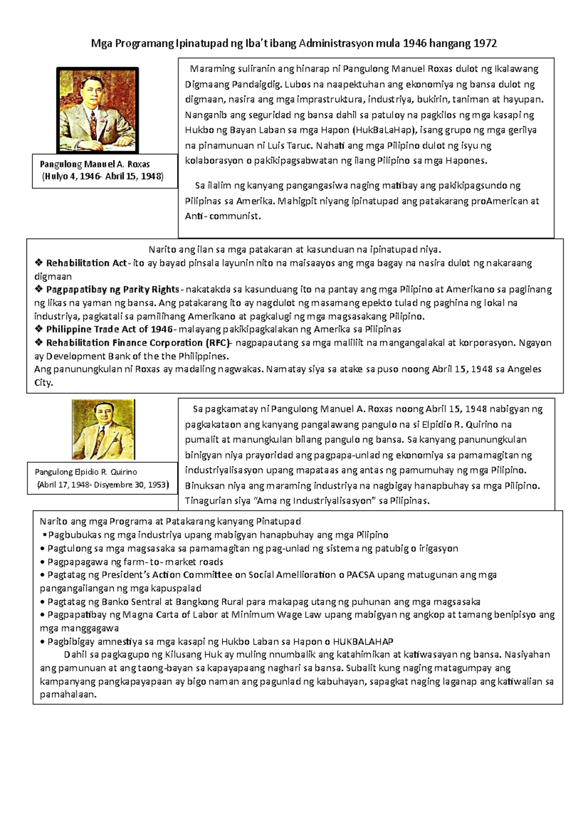 Ap 6 SLM Module 2 - Mga Programang Ipinatupad ng Iba’t ibang Administrasyon mula 1946 hangang ...