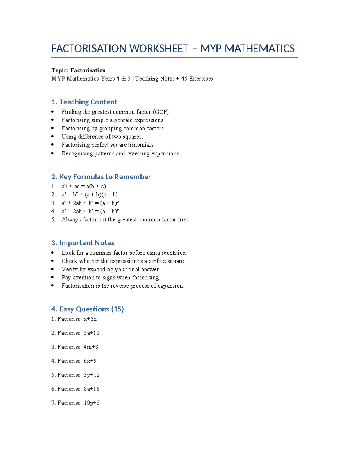 Factorisation Worksheet MYP Mathematics: Teaching Notes & Exercises ...