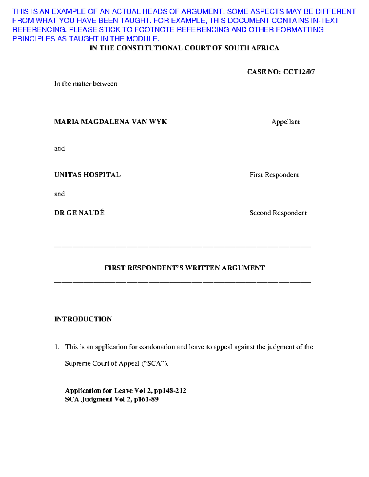 CCT12/Heads of Argument on Condonation and Leave to Appeal - Studocu