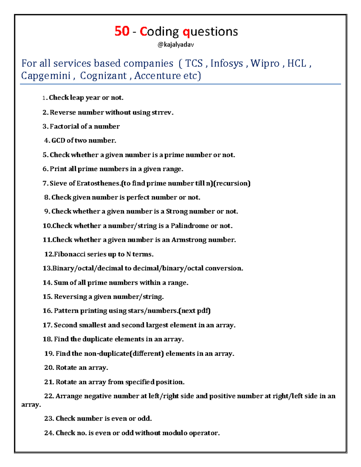 Top 50 Coding Questions for Service Companies (TCS, Infosys, HCL, etc ...