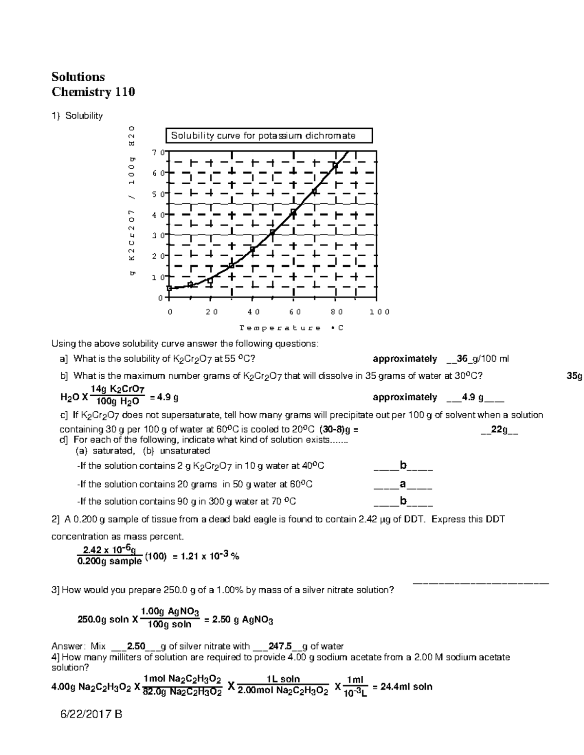 Chemistry 110: Solubility Solutions Key and Practice Problems - Studocu