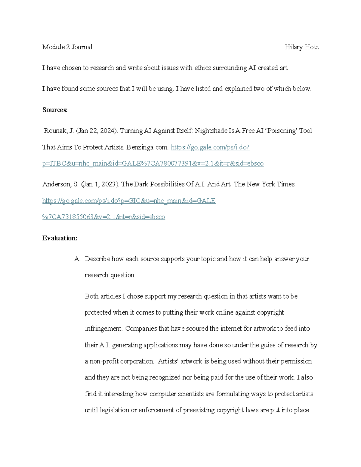 Module 2 journal - Module 2 Journal Hilary Hotz I have chosen to ...