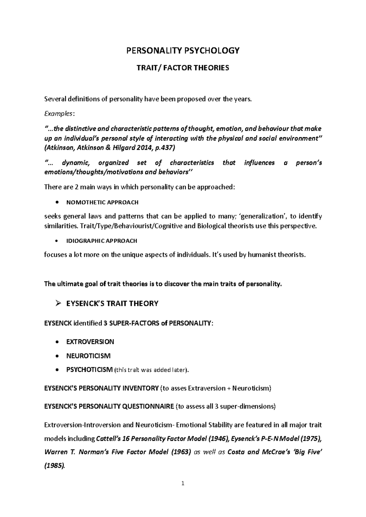 Personality Psychology Trait Theories - PERSONALITY PSYCHOLOGY TRAIT ...