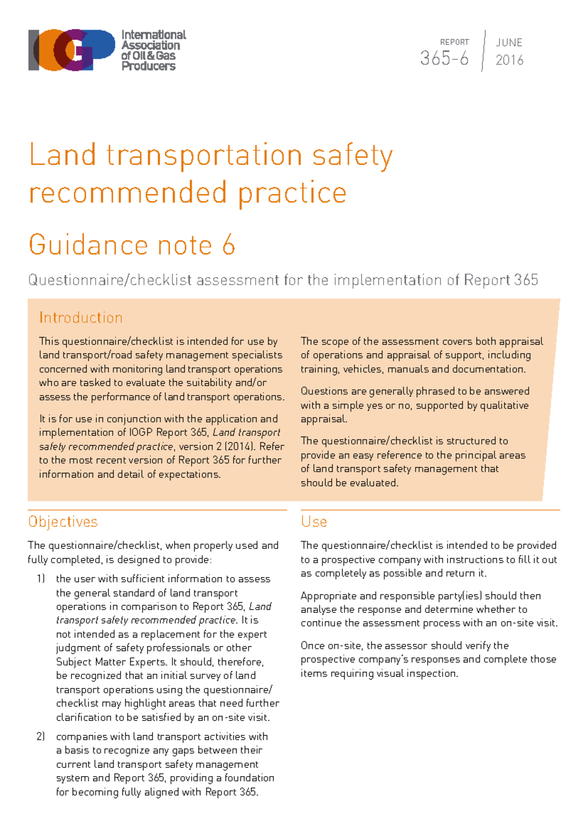 IOGP 365-6: Land Transport Safety Assessment Guidance Report - Studocu