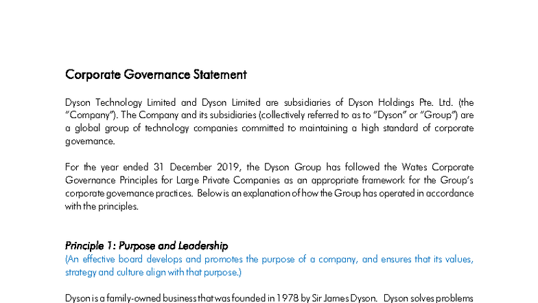 Dyson Corporate Governance Statement FY2019 - Final Report - Studocu
