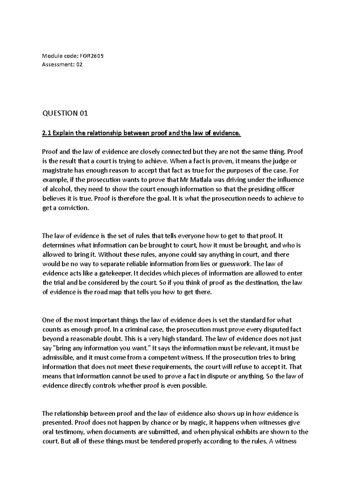 FOR2609 Assignment 02 - The Law of Evidence Explained - Studocu