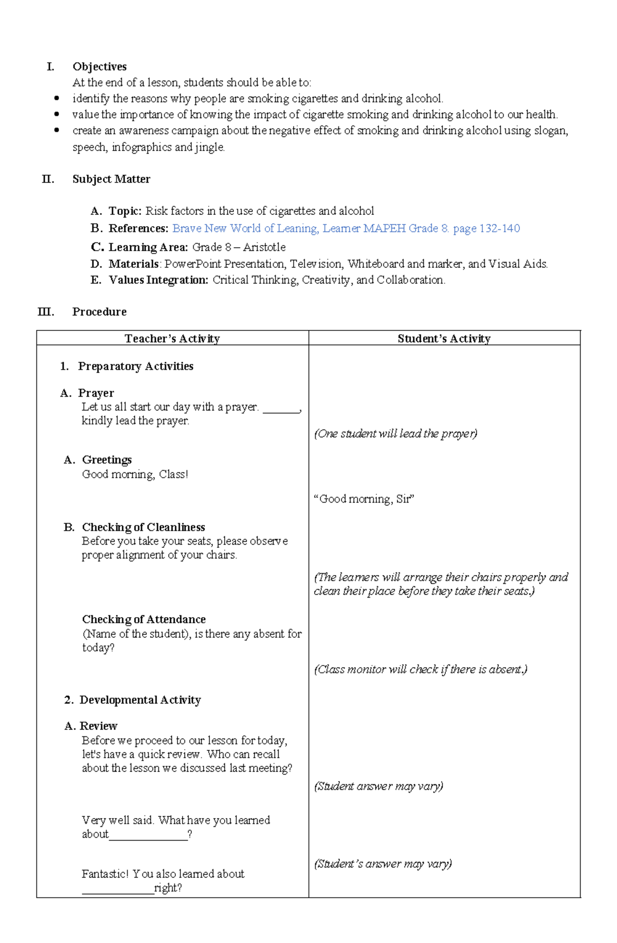 M8 - Lesson Plan: Understanding Smoking & Alcohol Effects in Mapeh 8 ...