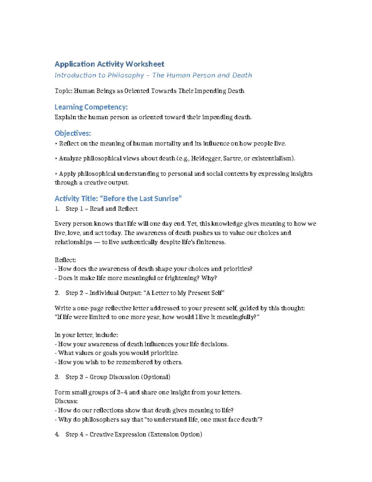 PHIL 101: Human Beings and Their Mortality - Activity Worksheet - Studocu