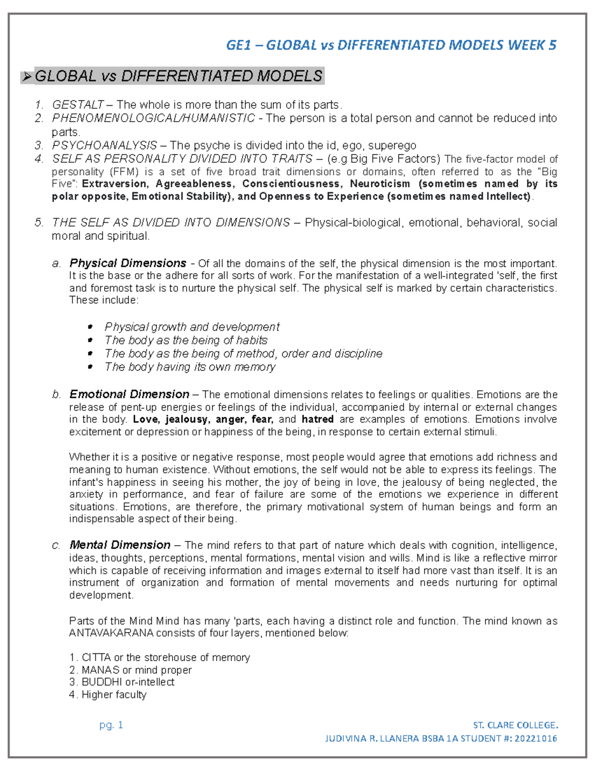 GE1 Week 5 Exploring Global and Differentiated Models of Self - Studocu