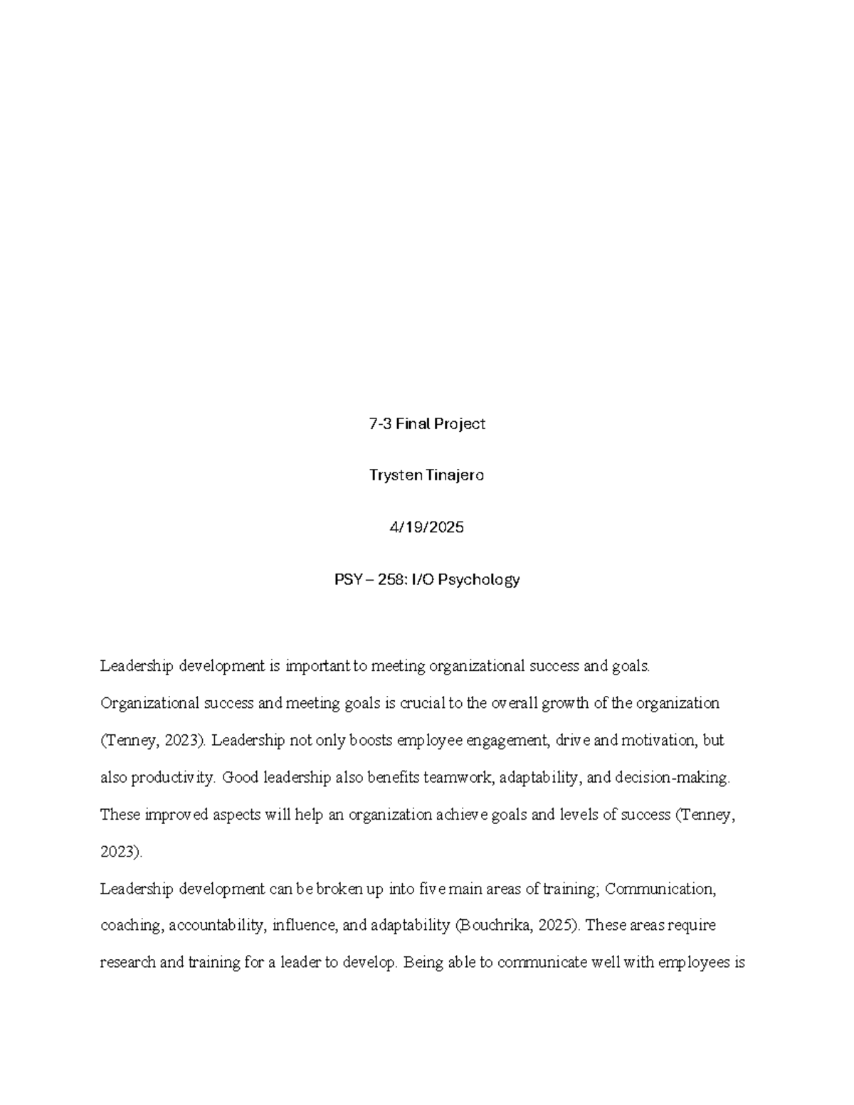 Final Project: Leadership Development in PSY 258 for Organizational ...
