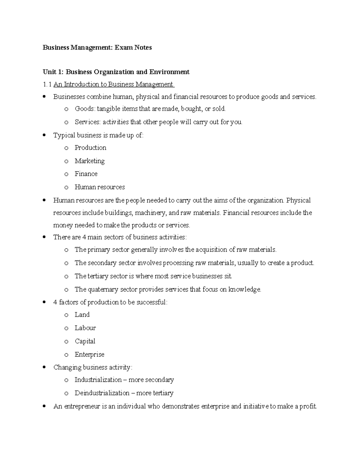 Business management: exam notes unit 1 - business organization and ...
