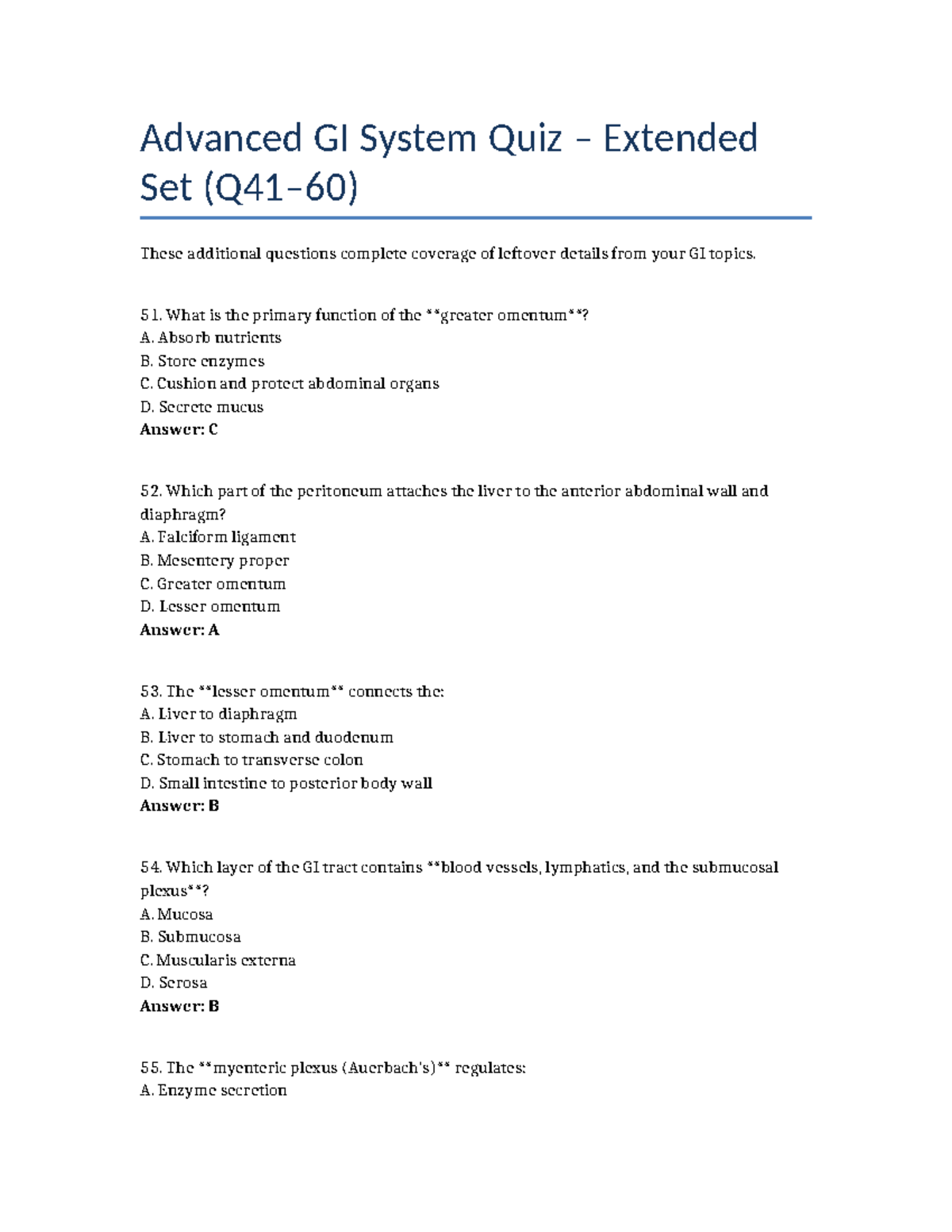 Advanced GI System Quiz (Q41-60) Comprehensive Review - Studocu