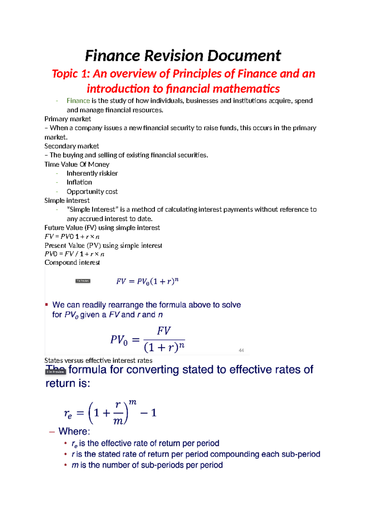 Fiance revision document - Finance Revision Document Topic 1: An ...