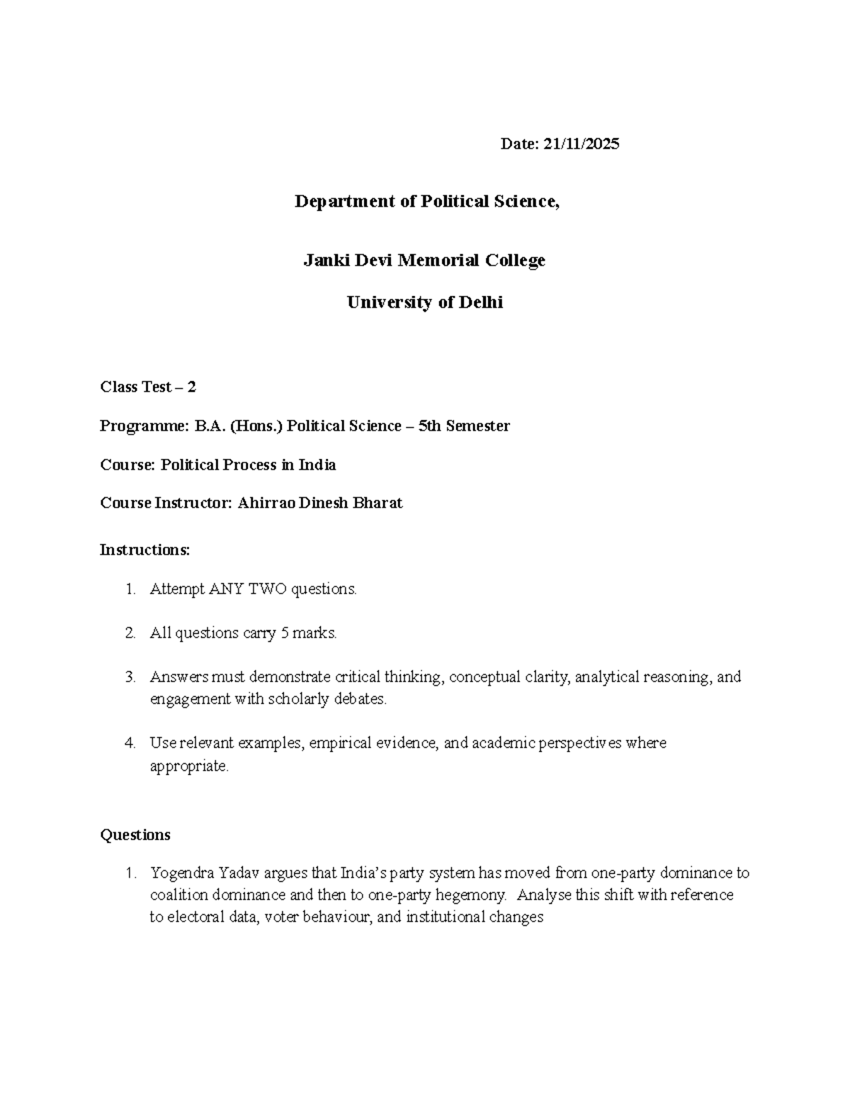 Political Process in India: Class Test 2 - B.A. (Hons.) Political ...