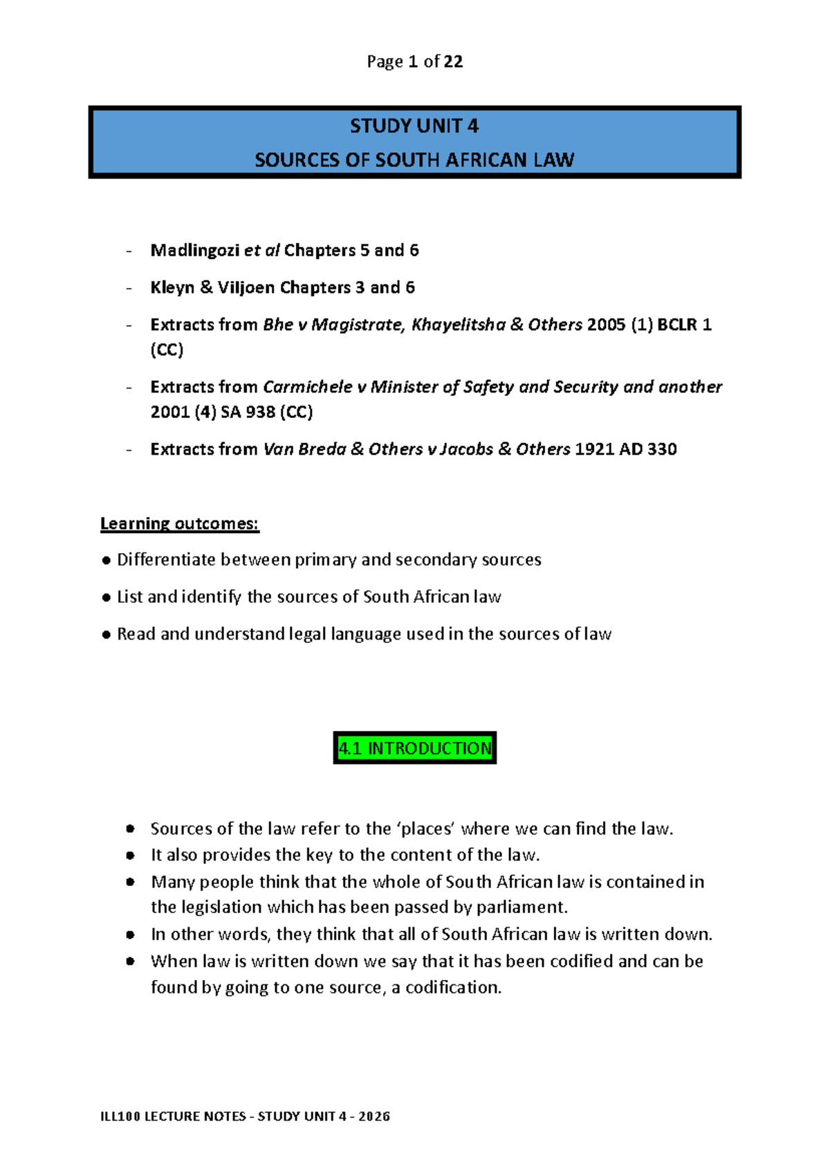 ILL100 Lecture Notes: Sources of South African Law - Study Unit 4 - Studocu
