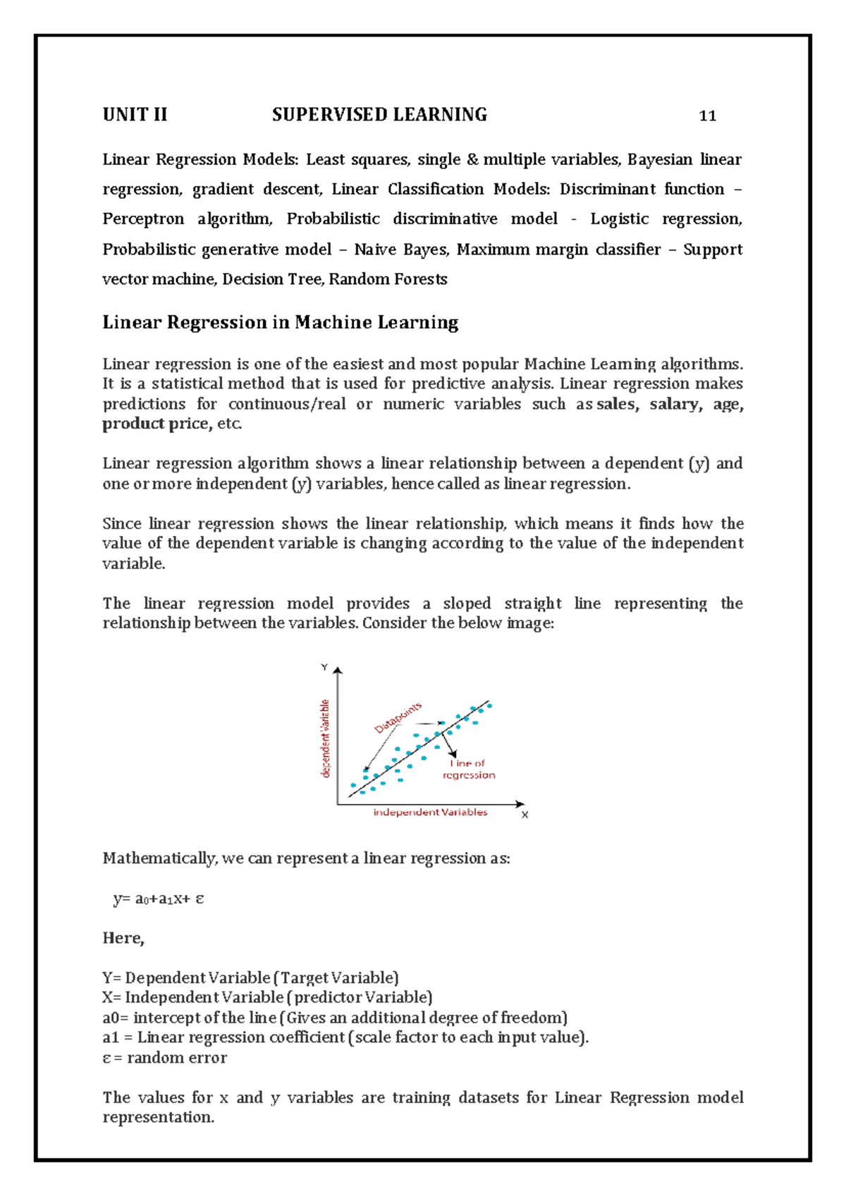 UNIT II - ML - Supervised Learning and Linear Regression Notes - Studocu
