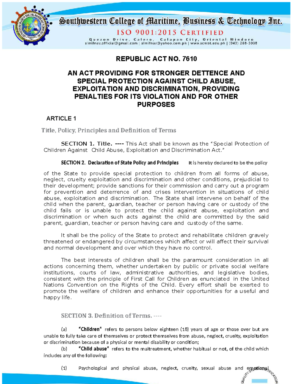 Republic Act No. 7610: Stronger Protection Against Child Abuse and ...