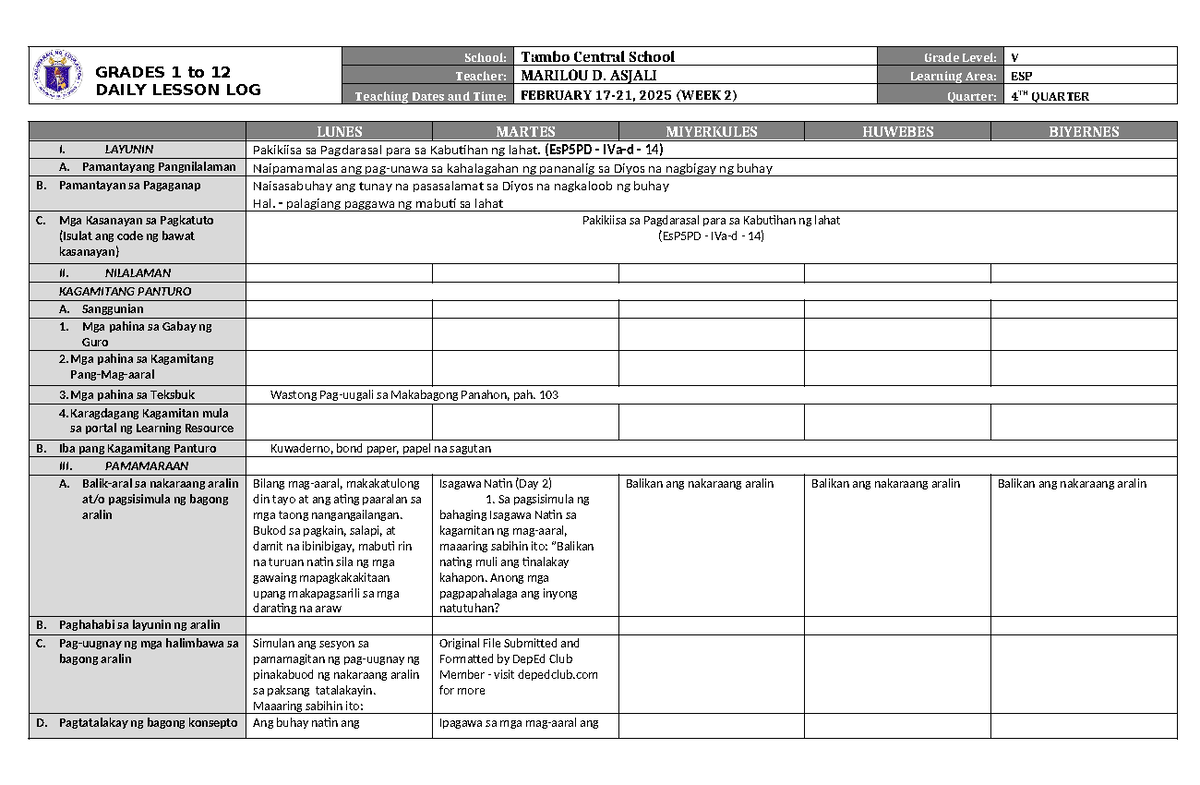 DLL ESP 5 Q4 W2 - DAILY LESSON LOG - GRADES 1 to 12 DAILY LESSON LOG School: Tambo Central ...