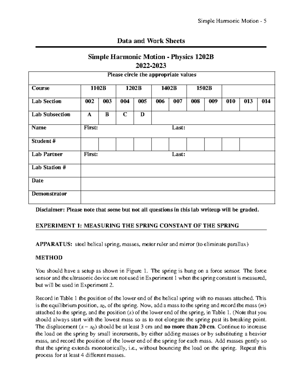 Physics 1202 - SHM- worksheets - Winter 2023 - Data and Work Sheets ...