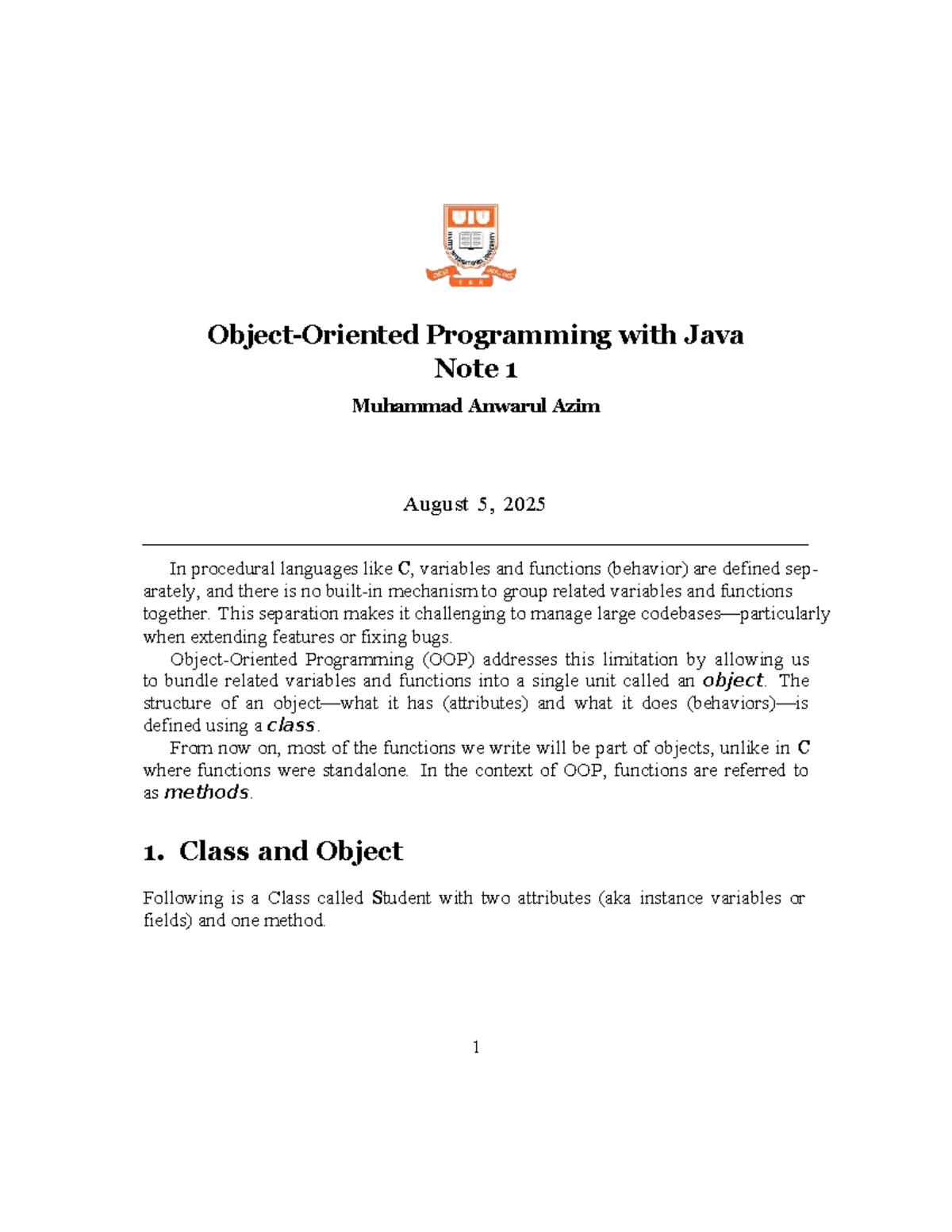 OOP Note 1: Class and Object Concepts in Java Programming - Studocu