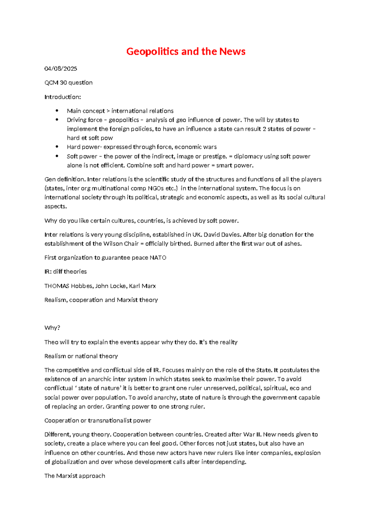 Geopolitics and International Relations QCM 30 Questions CM1 - Studocu