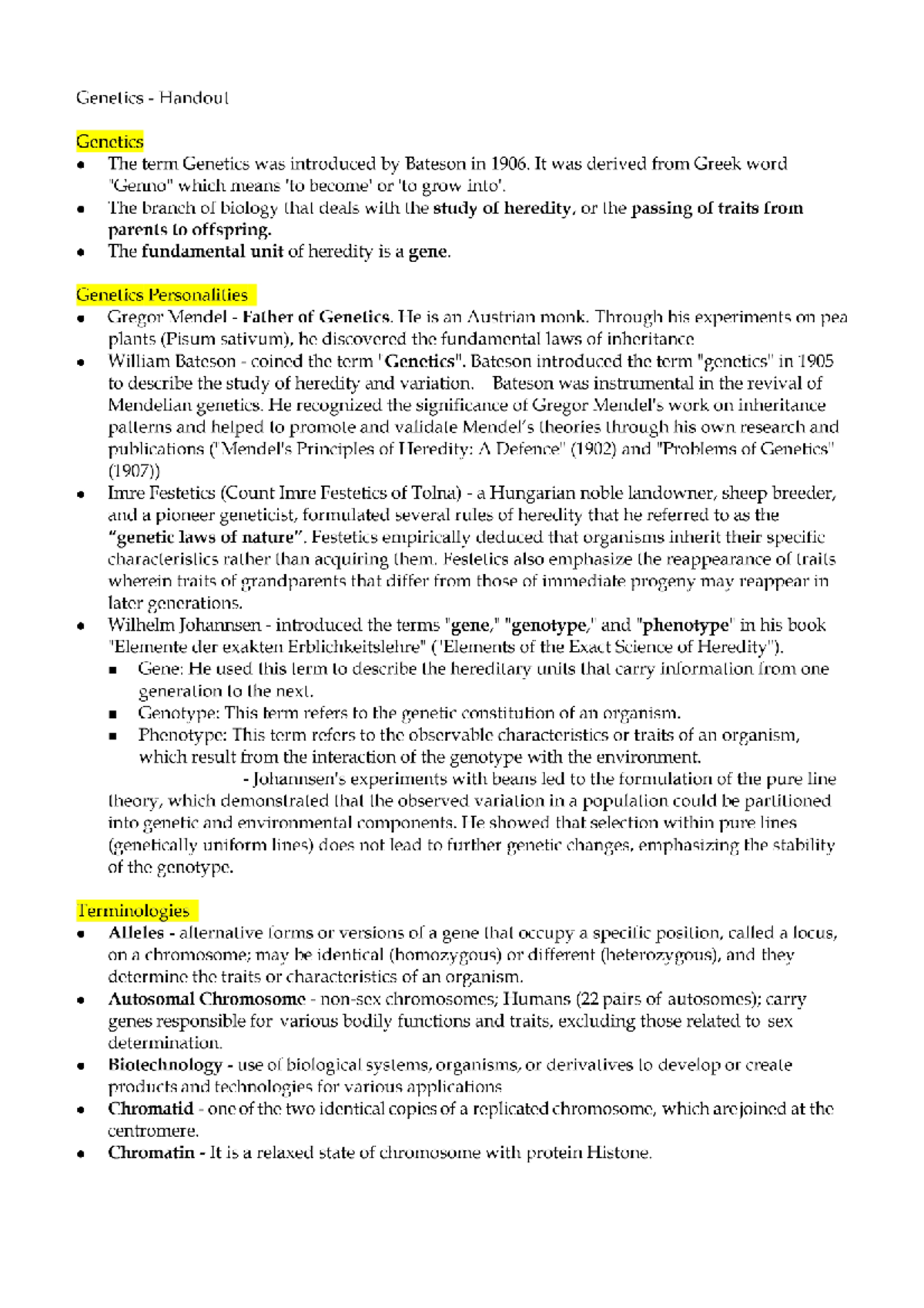 Genetics - Lecture Notes Handout on Heredity and Inheritance - Studocu