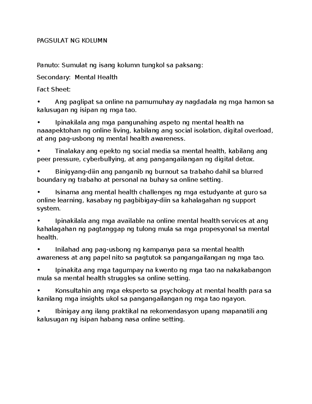 KOL KOLUMN: Mental Health sa Online na Pamumuhay at mga Hamon - Studocu