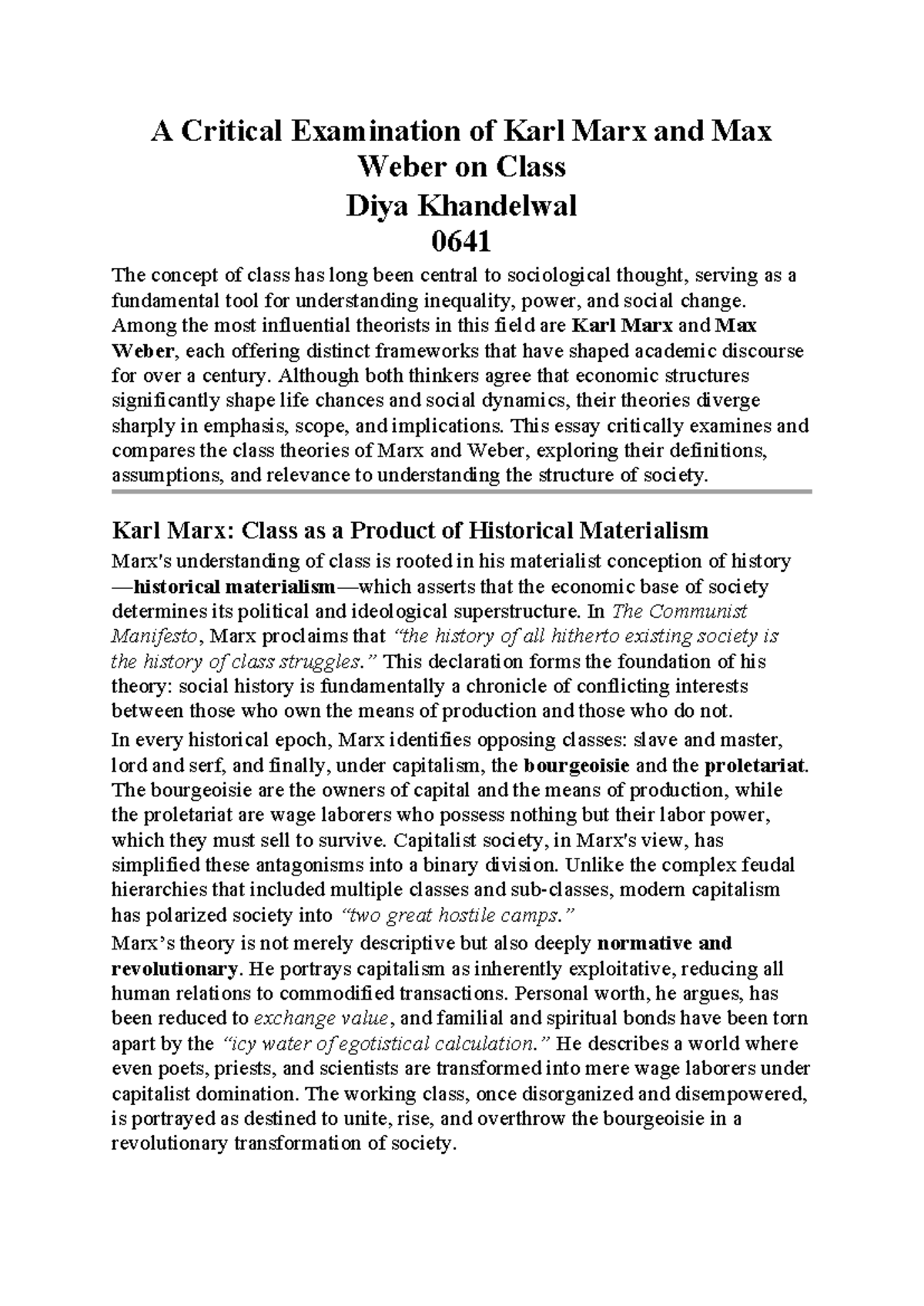 A Comparative Analysis of Class Theories: Marx vs. Weber (0641) - Studocu