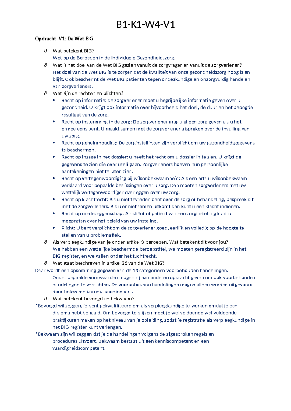 Wet BIG: Rechten, Plichten en Voorbehouden Handelingen in de Zorg - Studeersnel