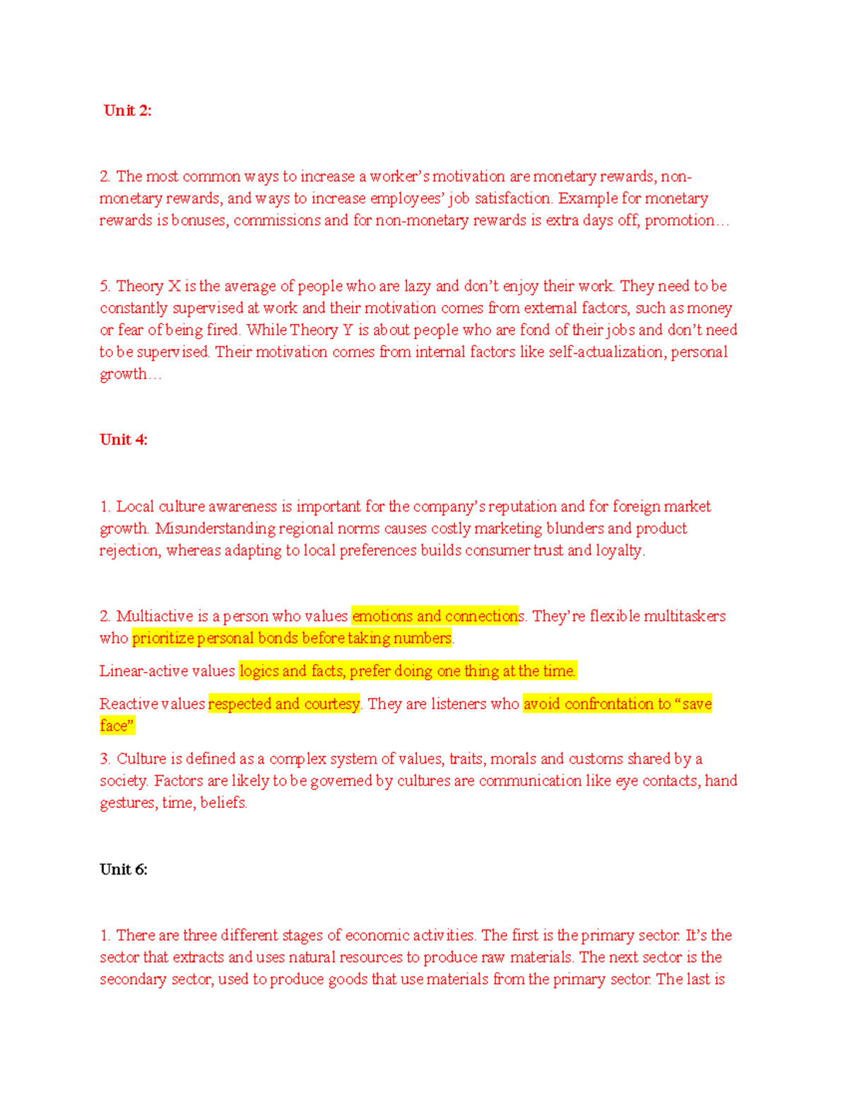 Unit Review: Motivation, Culture, and Economic Activities (Units 2 & 4 ...