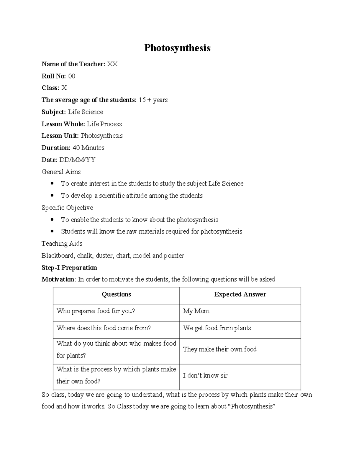Photosynthesis & Law of Mendel Lesson Plan - Photosynthesis Name of the ...
